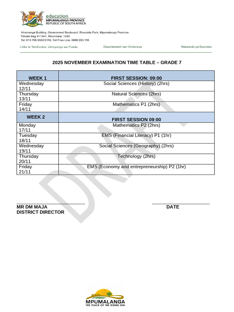 2025 Grade 7 Time Table Nov Draft-1 | PDF