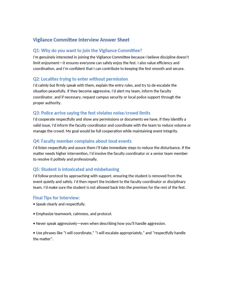 Vigilance Committee Interview Answers | PDF