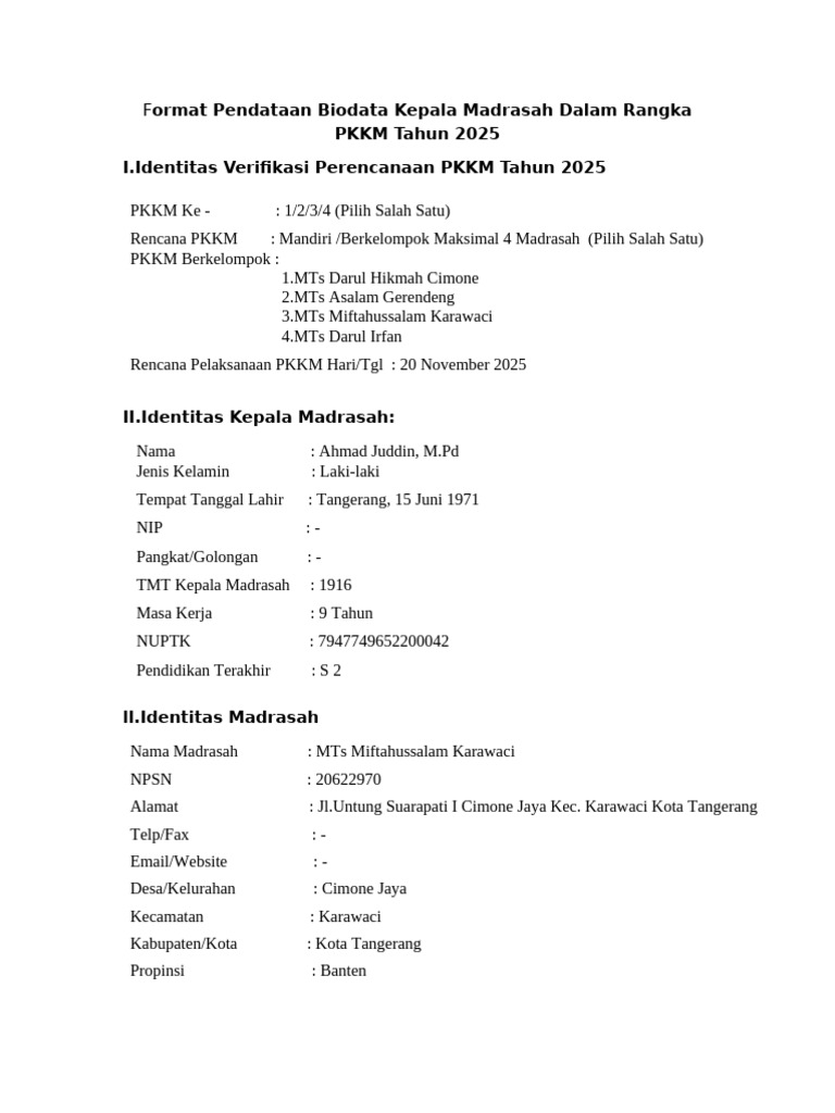 Format Pendataan Biodata Kamad Pkkm 2025 Mts Mifas | PDF