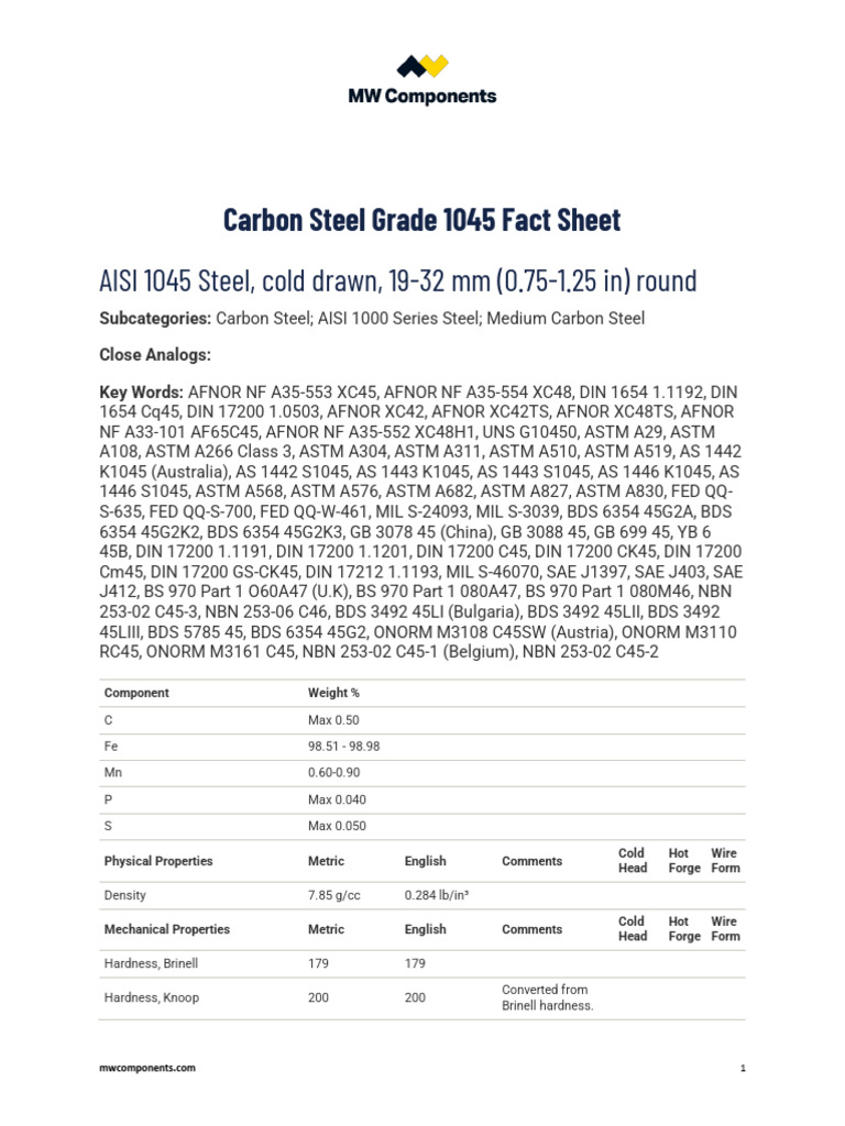 Carbon Steel Grade 1045 Fact Sheet Elgin Website | PDF | Young's ...