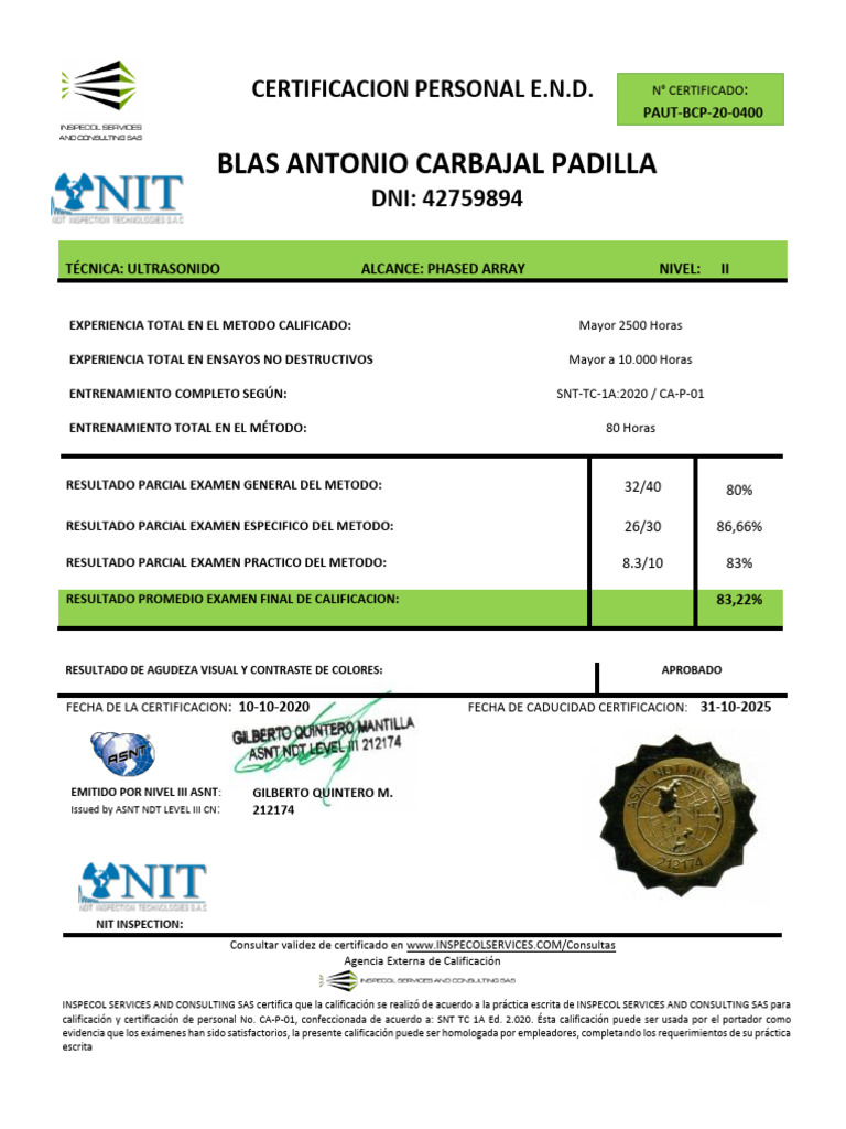 Certificado Nivel II UT - ANTONIO CARBAJAL | PDF