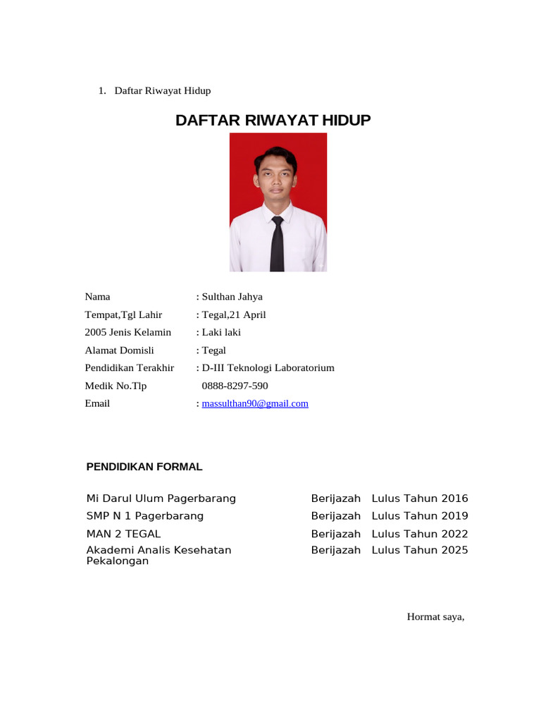 Riwayat Hidup Sulthan Jahya 2023 | PDF