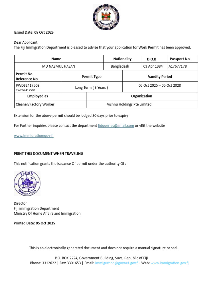 Fiji Work Permit Approval Notice | PDF