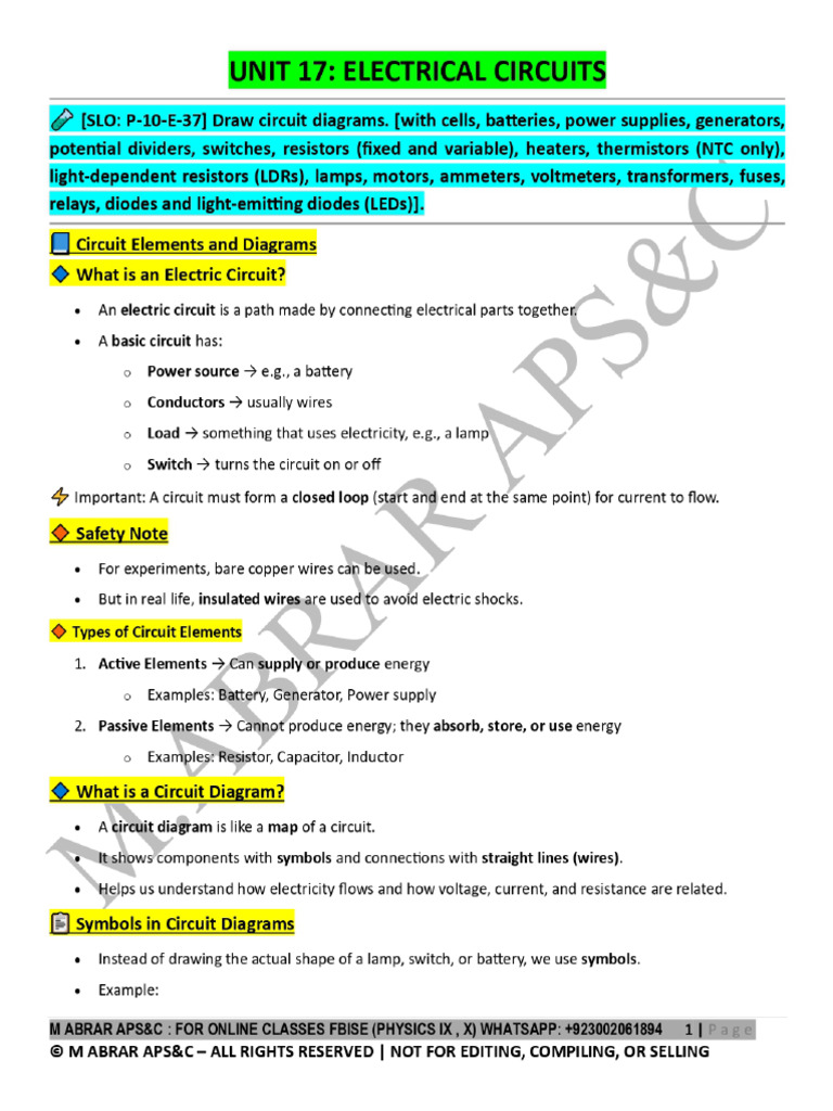 UNIT 17 Physics 10th Class by Sir M ABRAR Easy SLO FBISE Notes | PDF