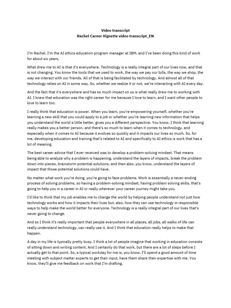 Rachel Career Vignette Video Transcript - EN | PDF | Artificial Intelligence | Intelligence (AI ...