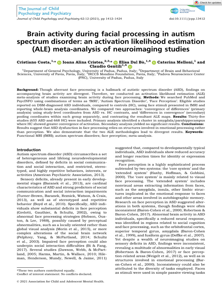 Brain Activity During Facial Processing in Autism Spectrum Disorder - An Activation Likelihood ...