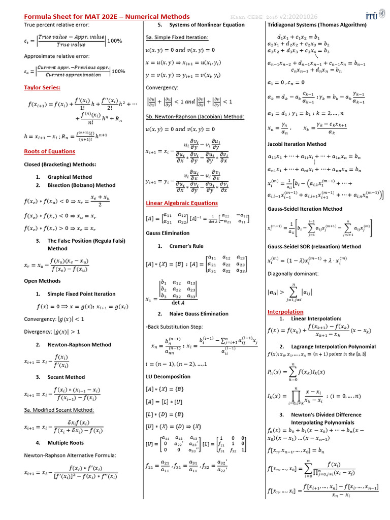MAT202E Numerical Methods Formula-Sheet | PDF | Polynomial ...