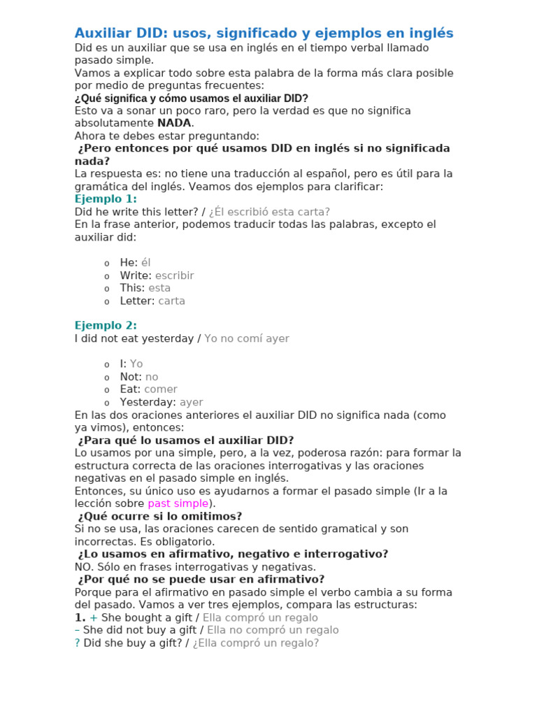 Usos y significado del auxiliar DID | PDF | Gramática inglesa ...
