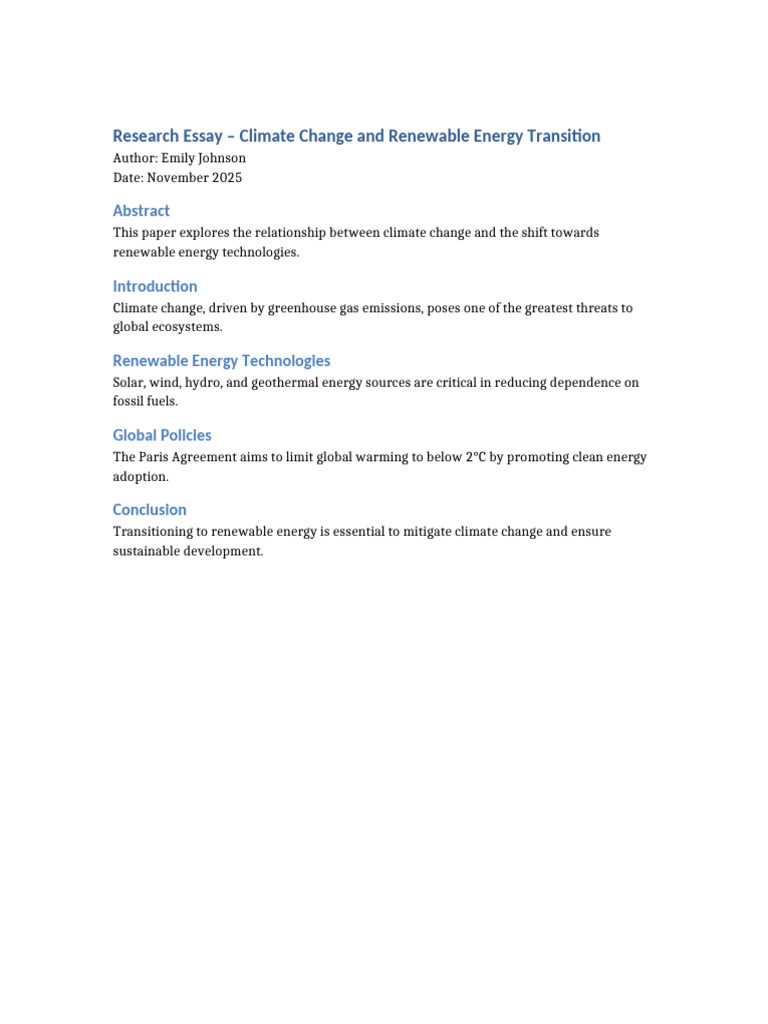 Research Essay Climate Change and Renewable Energy | PDF