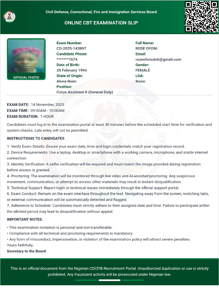 ROSE UDOH OFONI Application Slip | PDF