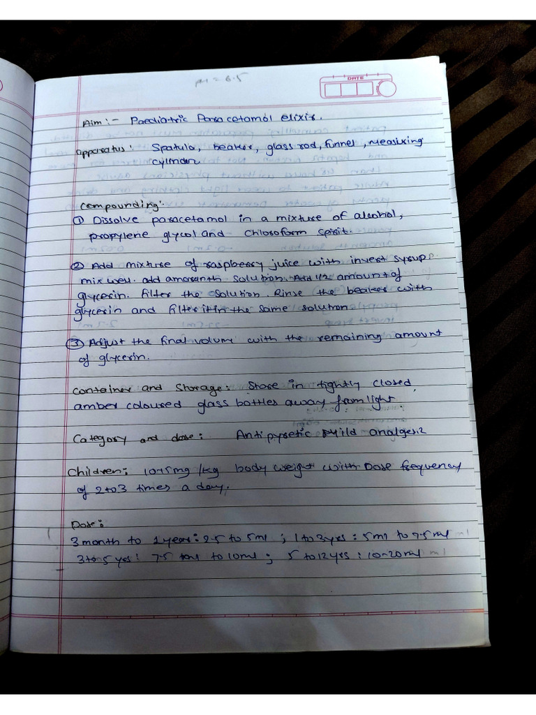 Paediatric Paracetamol Elixir Handwritten Notes | PDF
