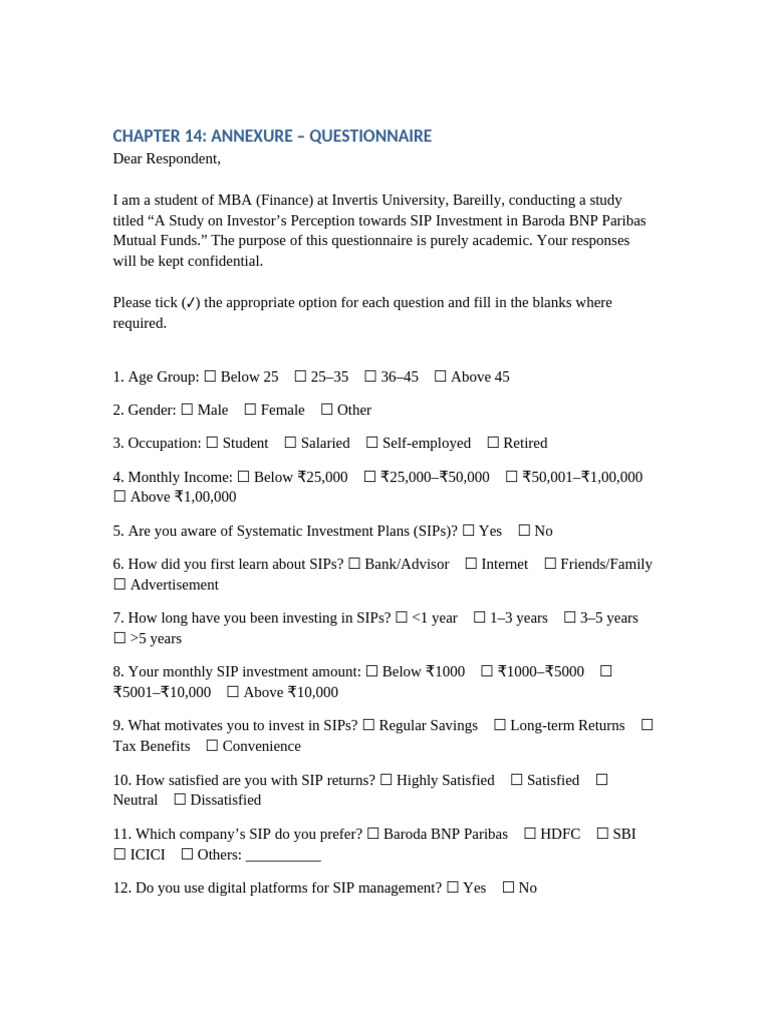 SIP Investment Questionnaire for Baroda BNP Paribas | PDF