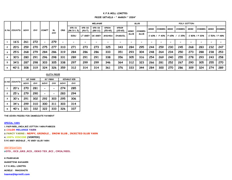2024-March-Kpr Mill LTD Revised Price List For Melange-March-2024 | PDF ...