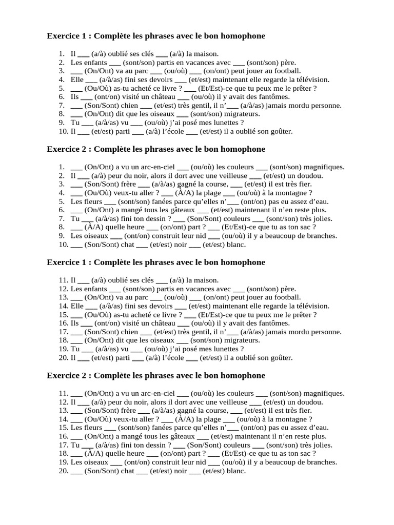 Exercices sur les homophones en français | PDF | Échecs | Théorie (échecs)