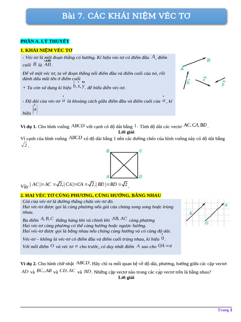 Bài 7. Các Khái Niệm Véc Tơ - Câu Hỏi | PDF