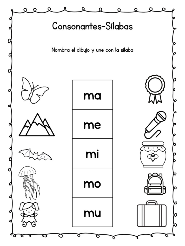 Hoja de Trabajo Mis Primeras Sílabas Blanco y Negro Cartoon Colorear | PDF