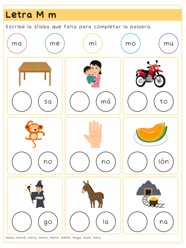 Hoja de Trabajo Sílabas Con M Amarillo Ilustracion Infantil | PDF
