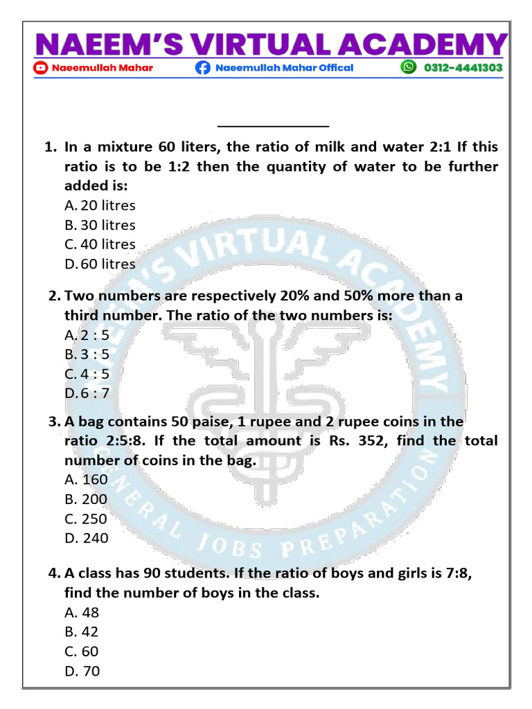 Mathematics Quiz Ratio Proportion | PDF