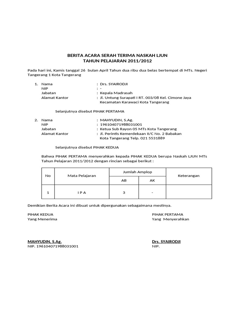 Berita Acara Serah Terima Naskah LJUN | PDF