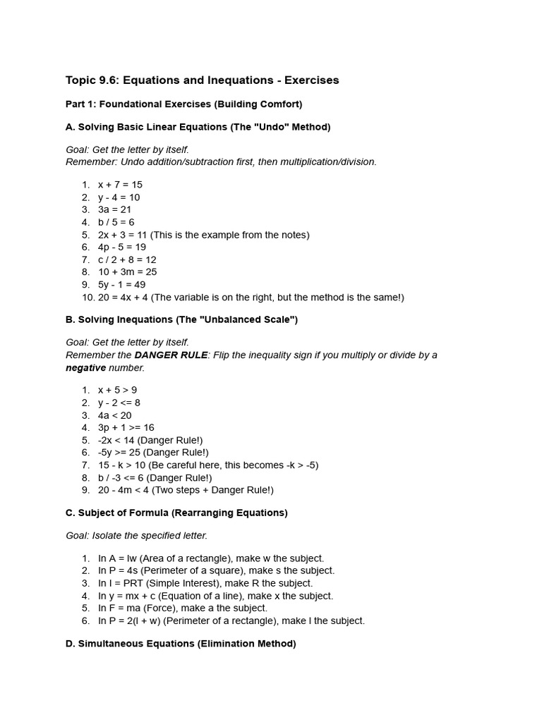 Topic 9.6 - Equations and Inequations - Exercises | PDF | Equations ...