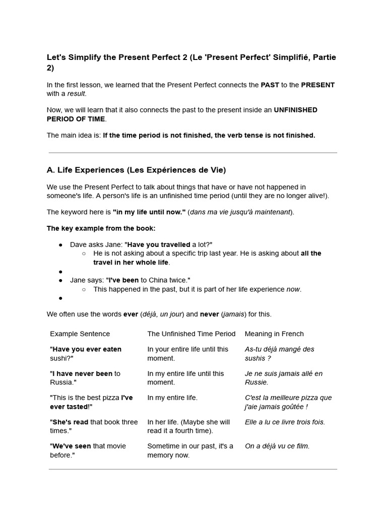 Let's Simplify The Present Perfect 2 (Le 'Present Perfect' Simplifié, Partie 2) | PDF | Grammar ...