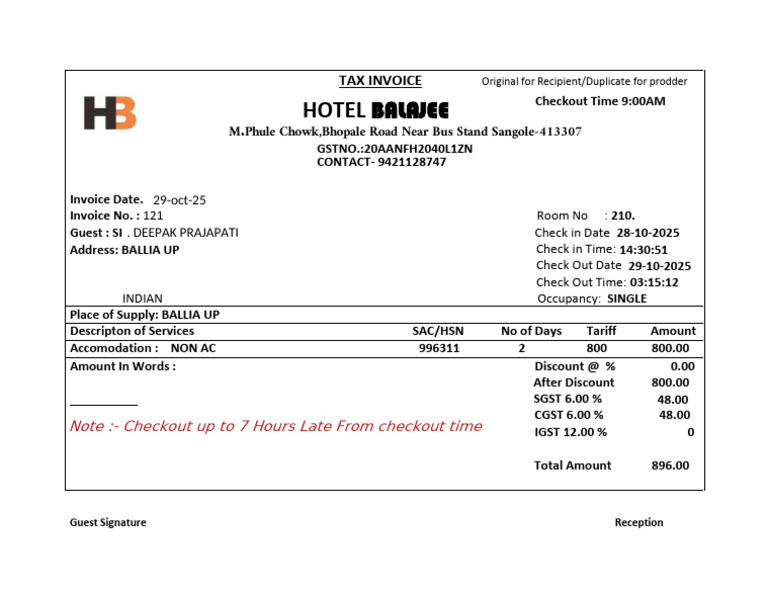 Hotel Balajee Tax Invoice Details | PDF
