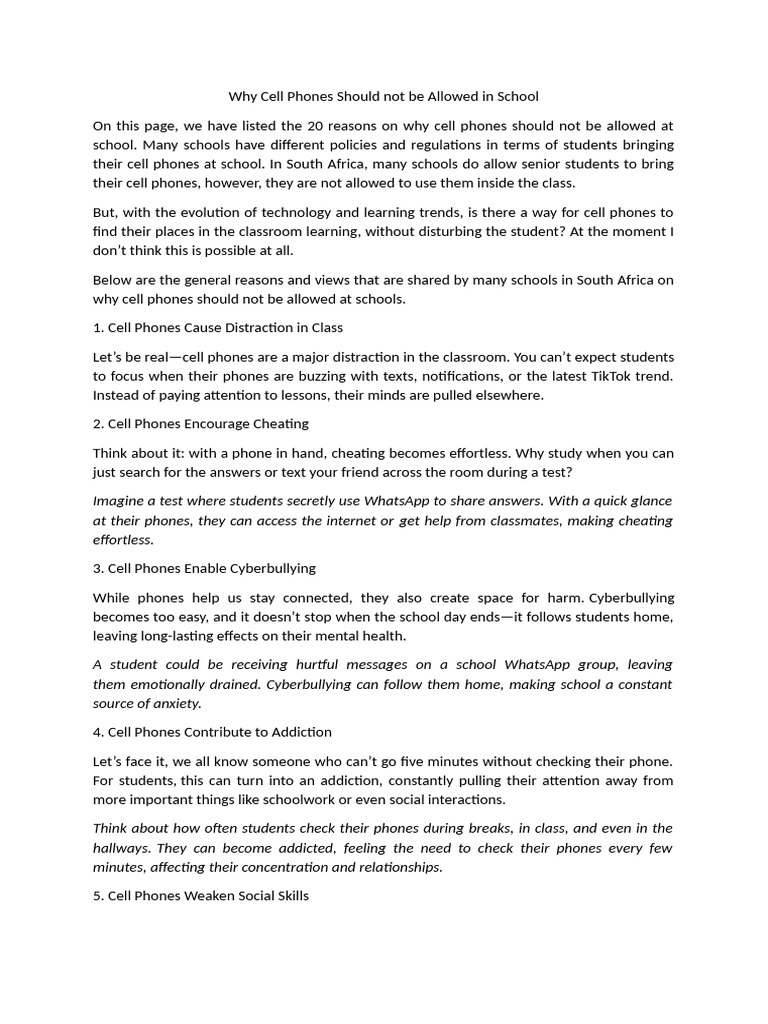 Why Cell Phones Should Not Be Allowed in School | PDF | Text Messaging ...