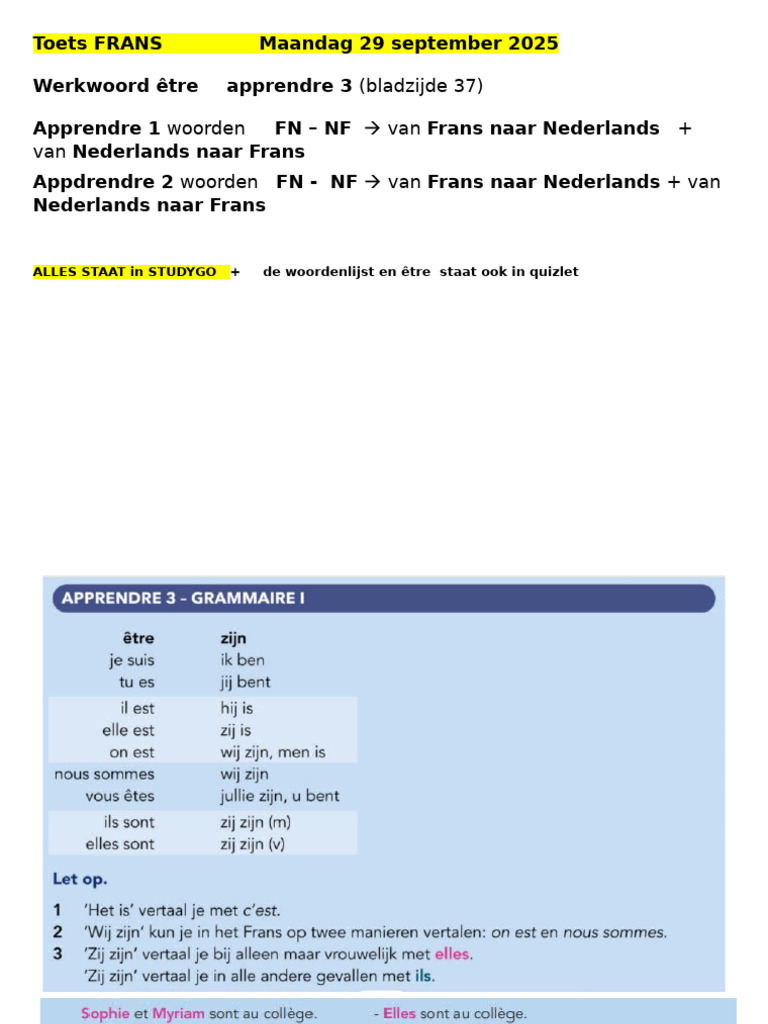 TOETS FRANS Être, Unité1 Apprendre 1 en 2 Vocabulaire | PDF