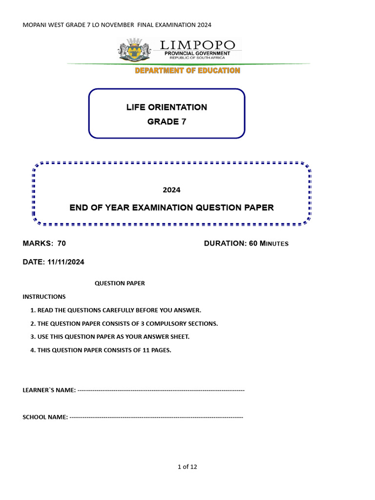 Grade 7 Life Orientation Exam 2024 | PDF | Lunch | Diet (Nutrition)