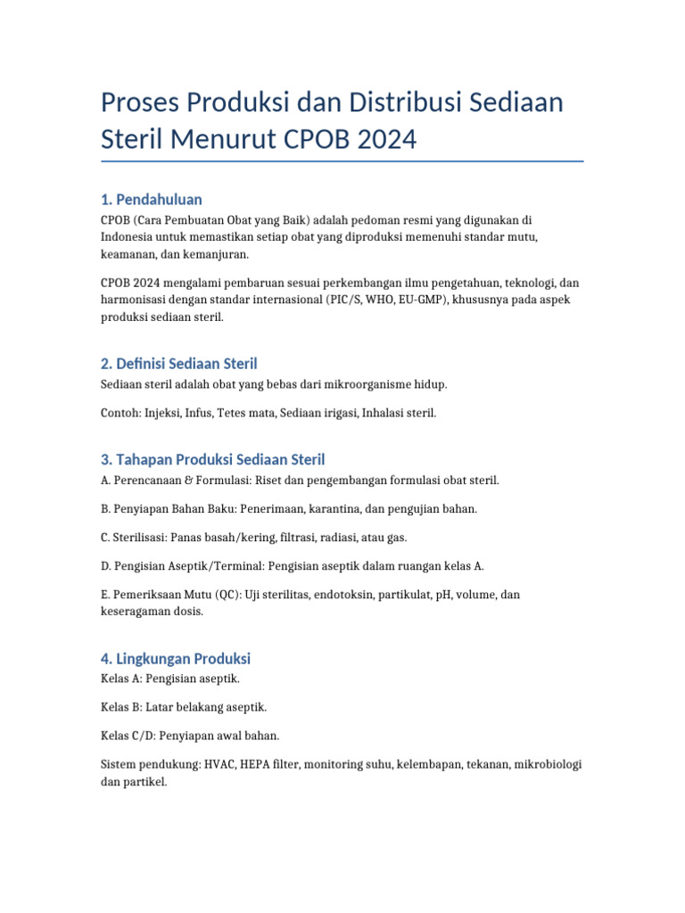 Proses Produksi Sediaan Steril CPOB 2024 | PDF