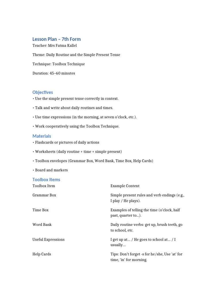 7th Grade Lesson Plan: Daily Routines | PDF | Grammatical Tense ...