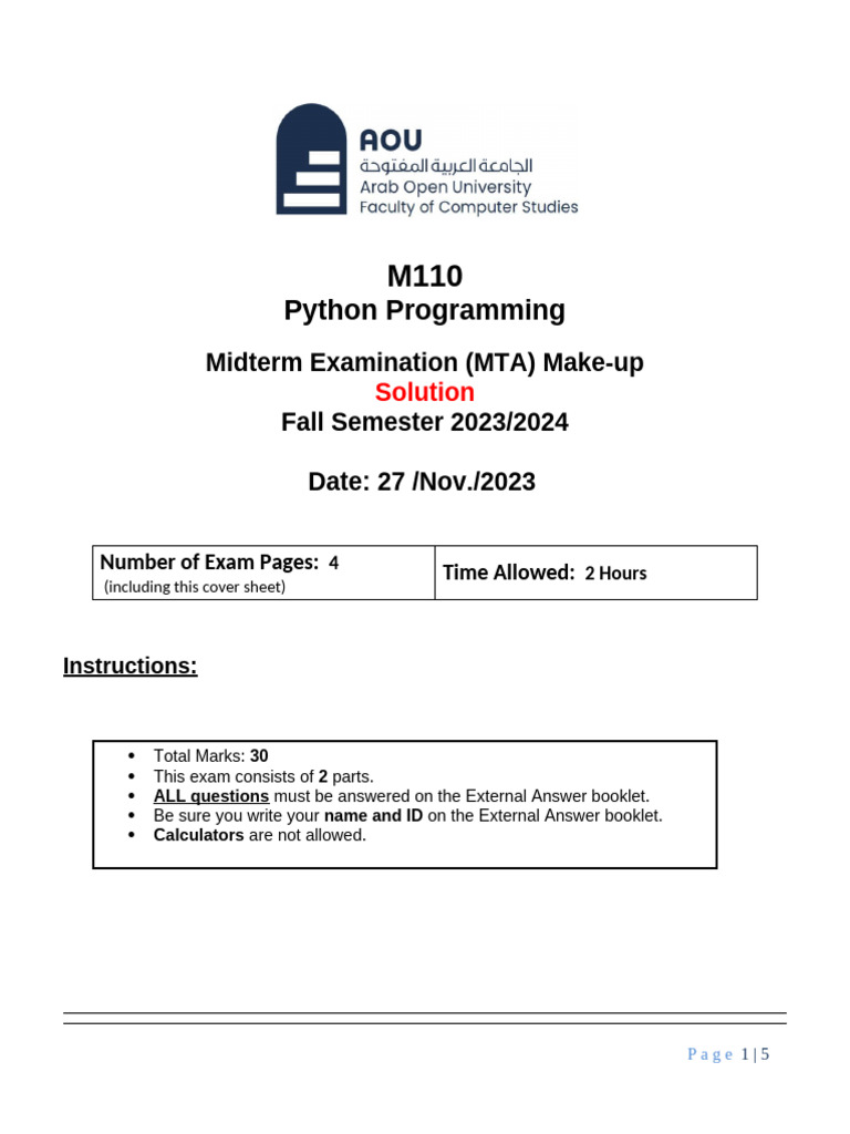 M110 MTA Makeup Fall23-24 Key | PDF | Control Flow | Python (Programming Language)