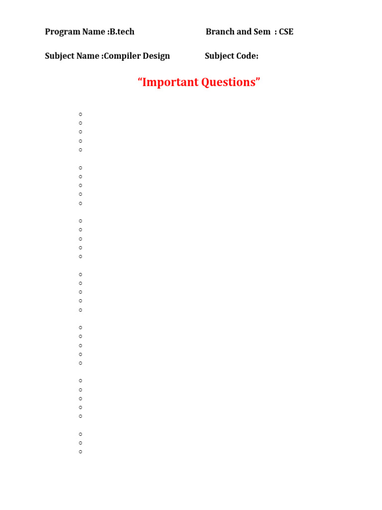 Compiler Design Important Questions | PDF | Parsing | Compiler