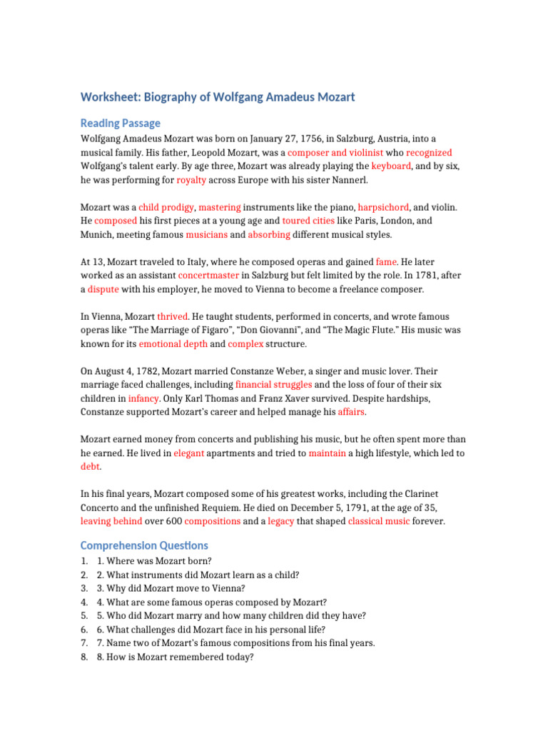 Biography of Wolfgang Amadeus Mozart | PDF