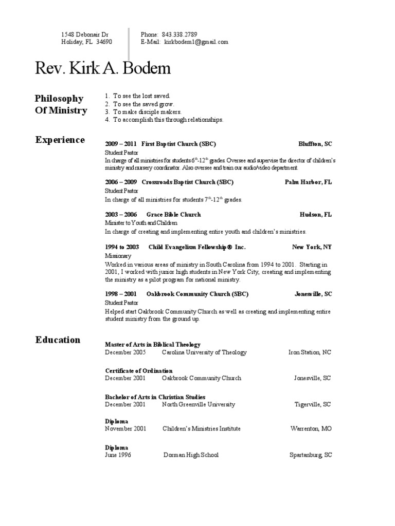Kirk Bodem Resume | PDF | Pastor | Southern Baptist Convention