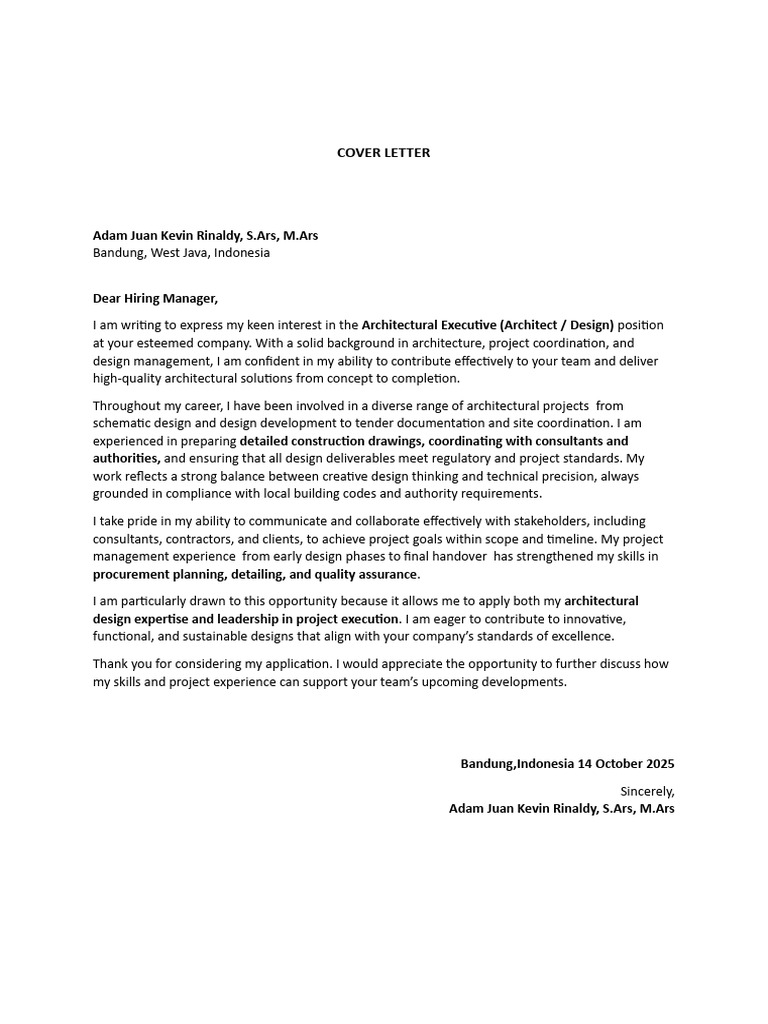 Cover Letter - Adam Juan Kevin Rinaldy - Architectural Executive | PDF