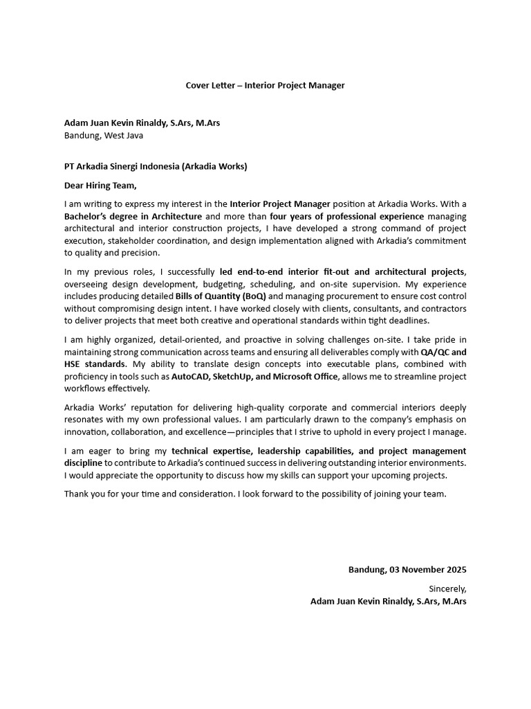 Cover Letter - Adam Juan Kevin Rinaldy - Arkadia Works | PDF | Business