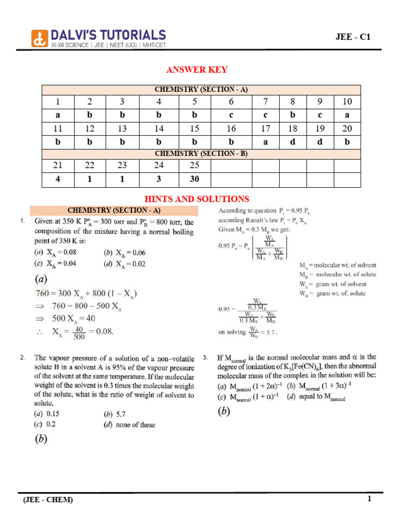 Xiith - Chemistry - Jee - c1 (Part 1) - Hints & Solution | PDF