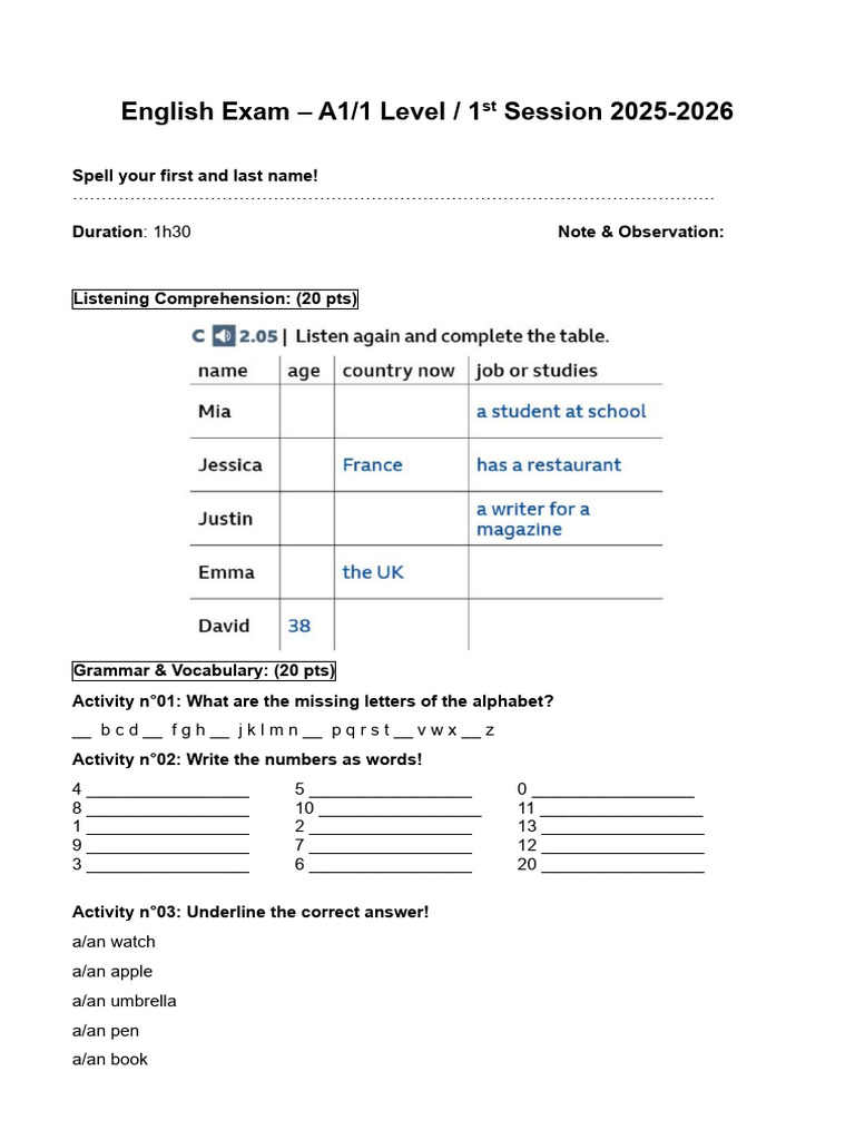 English Exam A1-1 | PDF | Languages | Foreign Language Studies