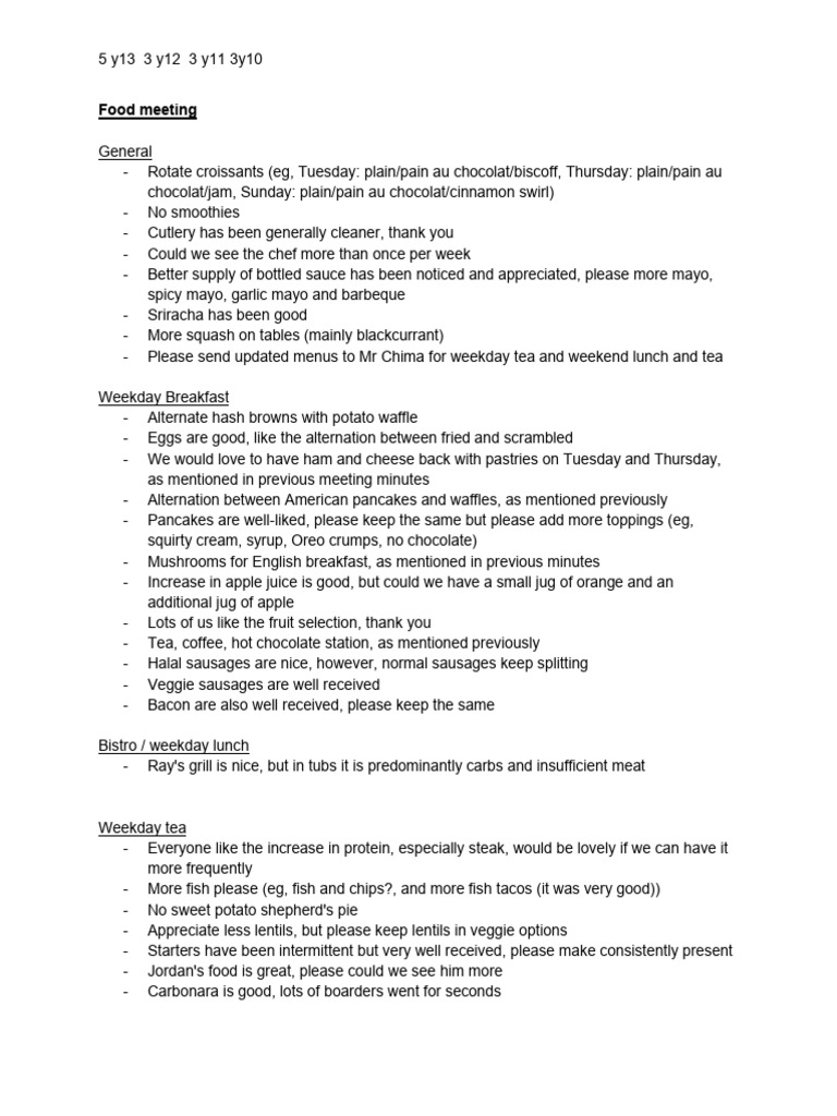 Food Committee Minutes - Senior Boarding - 19.10.25 | PDF | Lunch | Pancake
