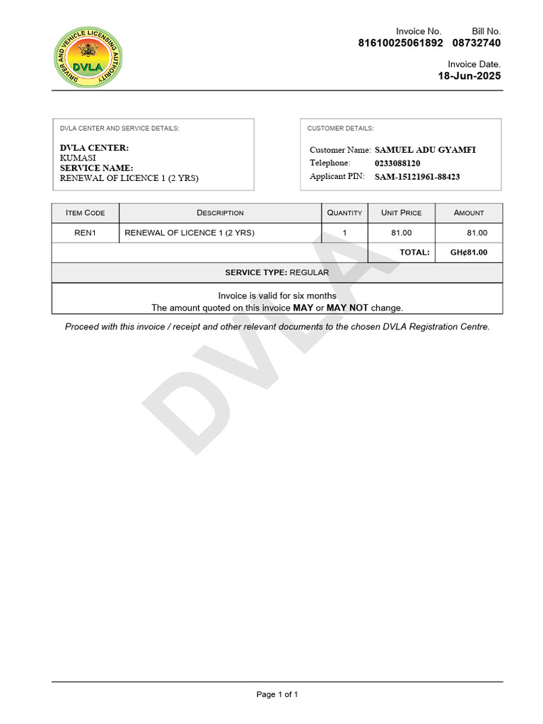 DVLA Licence Renewal Invoice | PDF