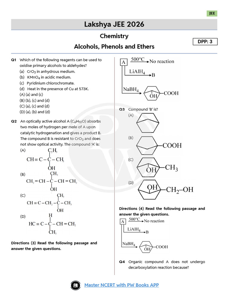 Alcohols, Phenols and Ethers DPP 03 (of Lec 04) | PDF | Chemistry ...
