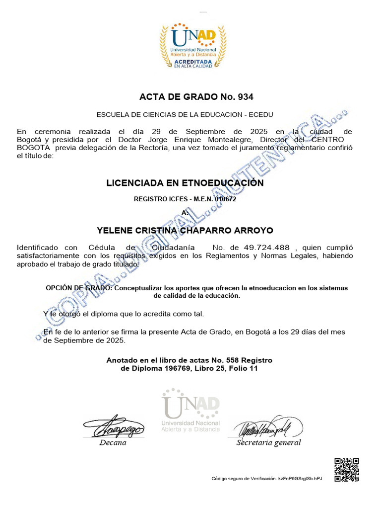 Acta Digital Unad Lic Etno Yelene | PDF