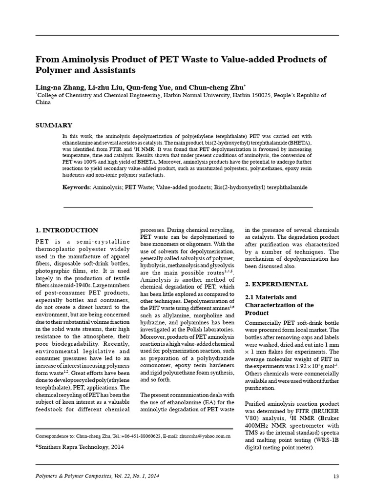 From Aminolysis Product of PET Waste To Value-Adde | PDF | Polyester ...
