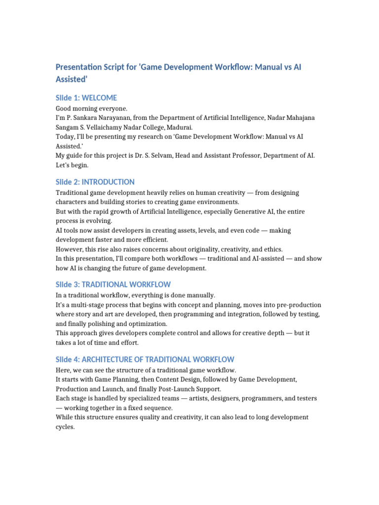 Game Development Workflow Presentation Script | PDF | Artificial Intelligence | Intelligence (AI ...