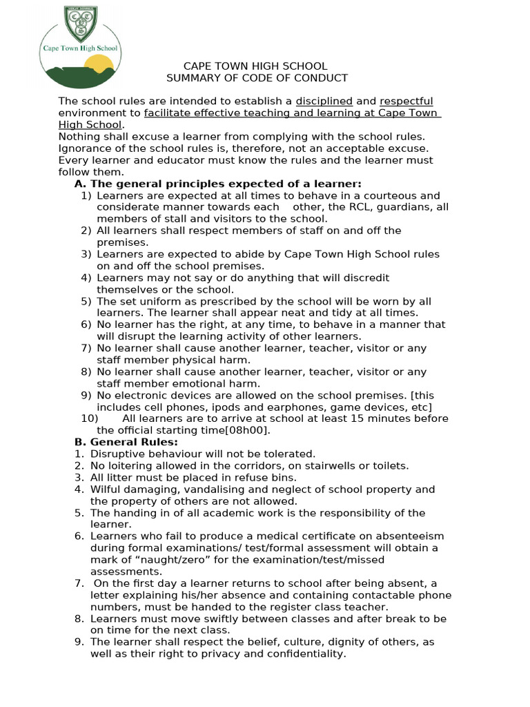 Cape Town High School Code of Conduct | PDF | Justice | Crime & Violence