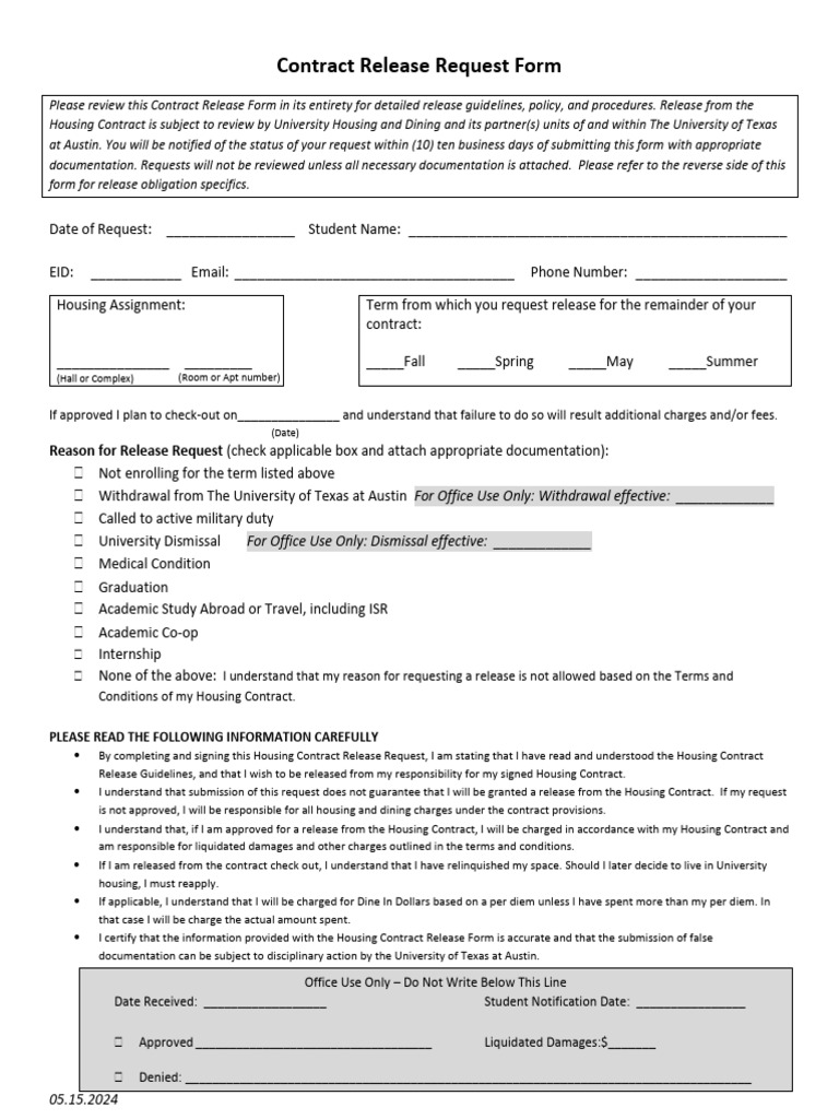 Housing Contract Release Request - 2024 | PDF | Liquidated Damages | Common Law