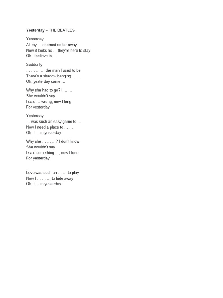 Yesterday Lyrics and Tune | PDF
