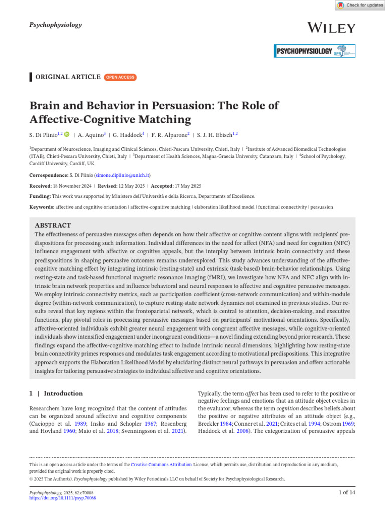 Psychophysiology - 2025 - Di Plinio - Brain and Behavior in Persuasion the Role of Affective ...