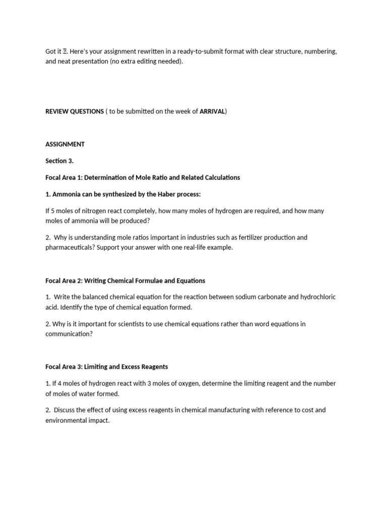 Chemu Shs - Chemistry Vacation Assignment1 | PDF | Gases | Hydrogen